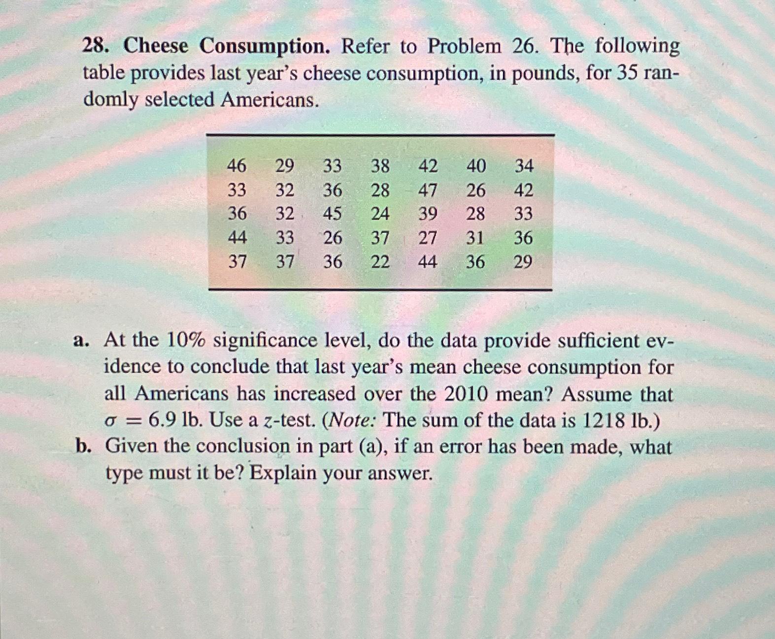Cheese Consumption. Refer to Problem 26. The | Chegg.com Cheese Consumption. Refer to Problem 26. The | Chegg.com