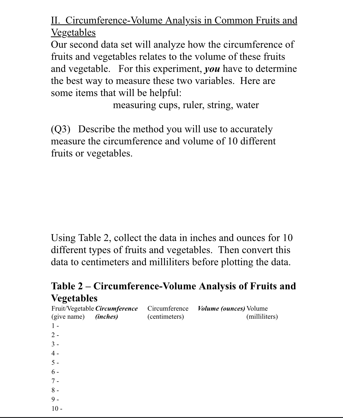 Solved II. ﻿Circumference-Volume Analysis in Common Fruits | Chegg.com