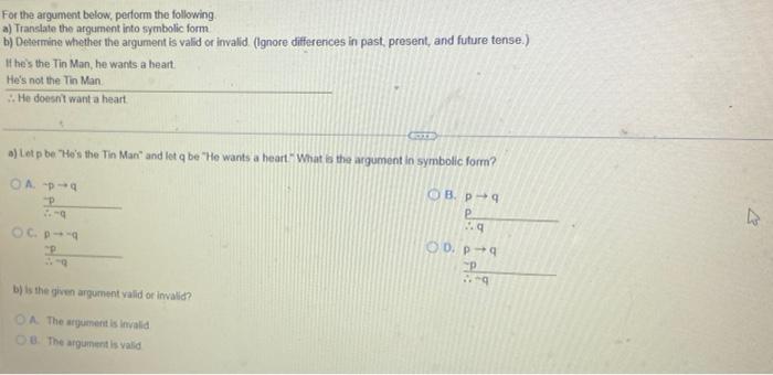 Solved For the argument below, pertorm the following a) | Chegg.com