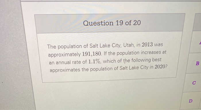 Solved Question 19 of 20 The population of Salt Lake City, | Chegg.com