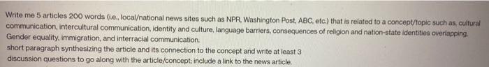 Solved Write me 5 articles 200 words (ie, local/national | Chegg.com