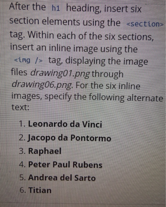 Solved After the hi heading, insert six section elements | Chegg.com