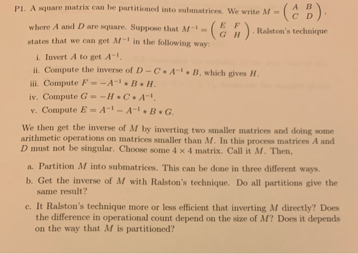 Solved P1. A square matrix can be partitioned into | Chegg.com