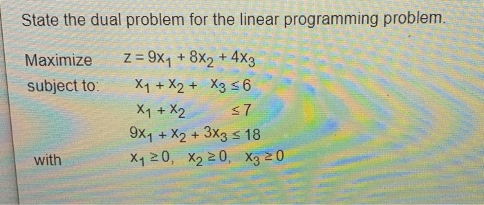 Solved State the dual problem for the linear programming | Chegg.com