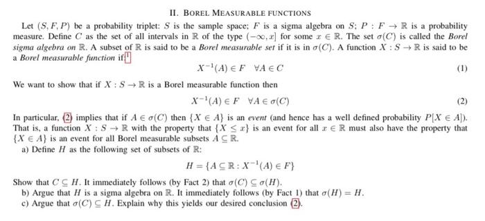 Solved a II. BOREL MEASURABLE FUNCTIONS Let (S,F,P) be a | Chegg.com