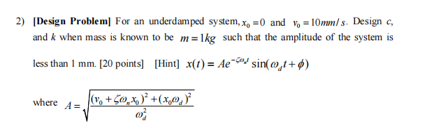 Solved [Design ﻿Problem] ﻿For an ﻿underdamped system, x0=0 | Chegg.com