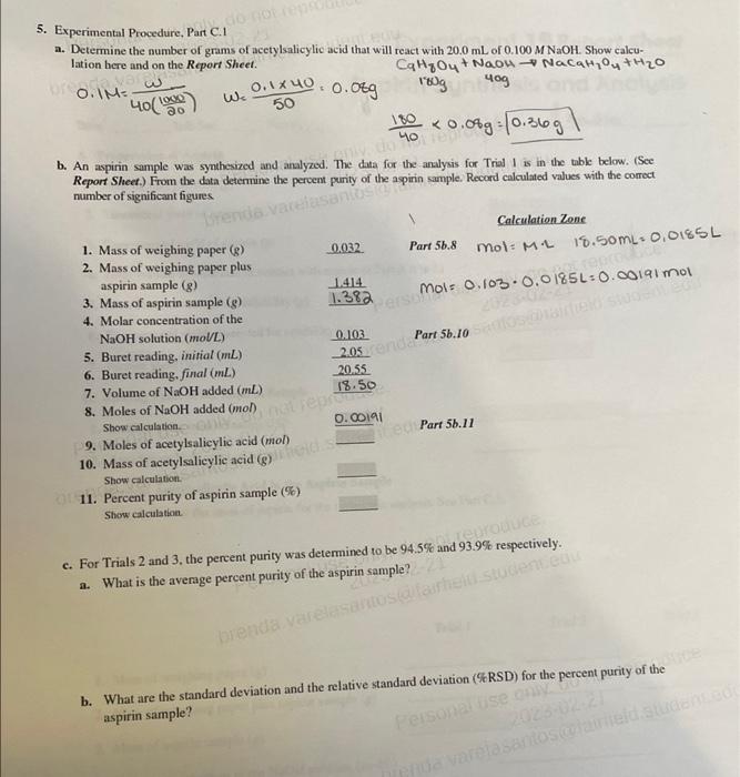 Solved 5. Experimental Procedure, Part C.1 a. Determine the | Chegg.com