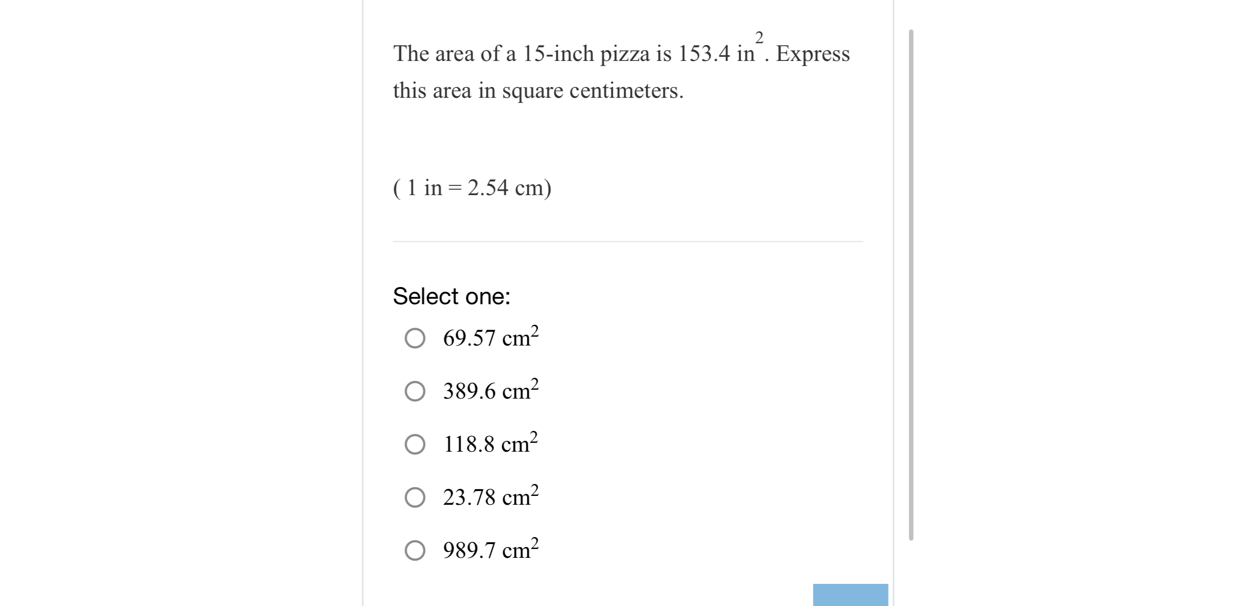 Solved The area of a 15 -inch pizza is 153.4in2. ﻿Express | Chegg.com