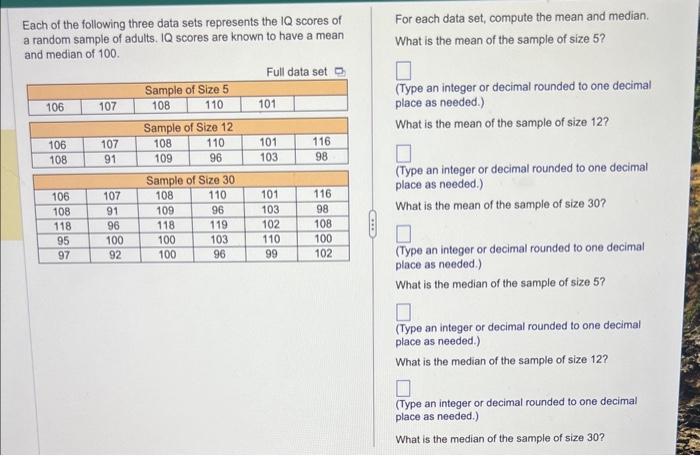 Solved Each of the following three data sets represents the | Chegg.com