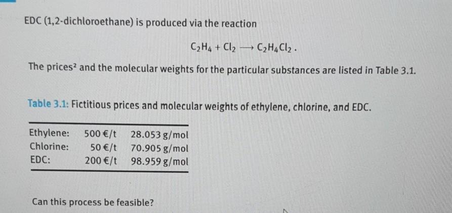 Solved EDC (1,2-dichloroethane) is produced via the reaction | Chegg.com