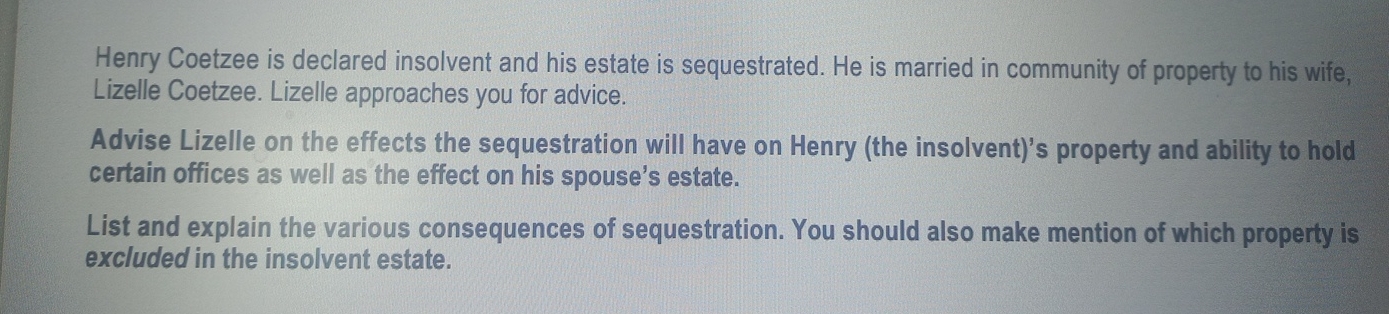Solved Henry Coetzee is declared insolvent and his estate is | Chegg.com