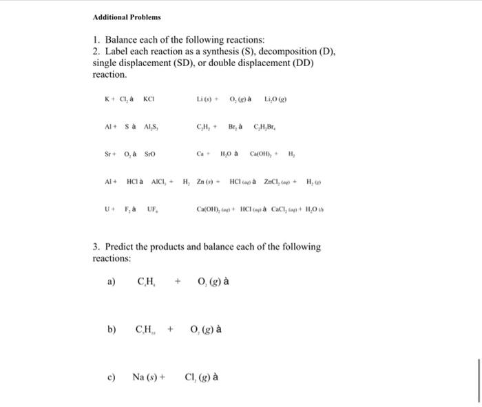 Solved Additional Problems 1. Balance each of the following | Chegg.com