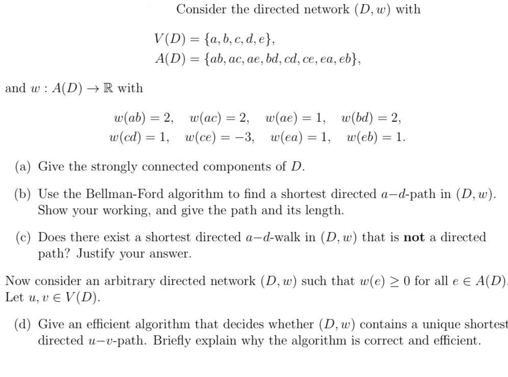 Solved Consider the directed network (D,w) | Chegg.com