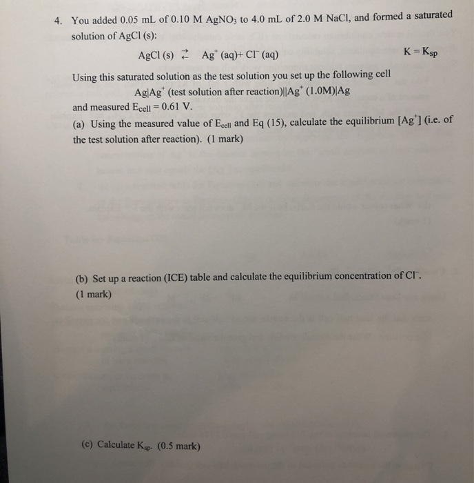 Solved 4. You added 0.05 mL of 0.10 M AGNO3 to 4.0 mL of 2.0 | Chegg.com