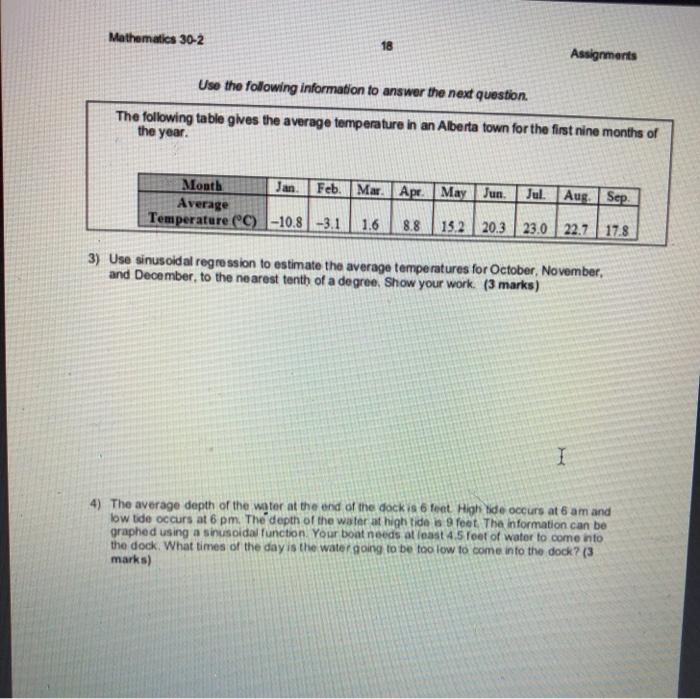 Solved Mathematics 30-2 18 Assignments Use the following | Chegg.com