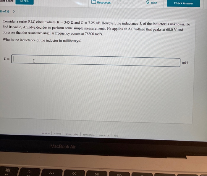 Solved ent Score: 61.9% Resources Hint Check Answer 30 of 33 | Chegg.com