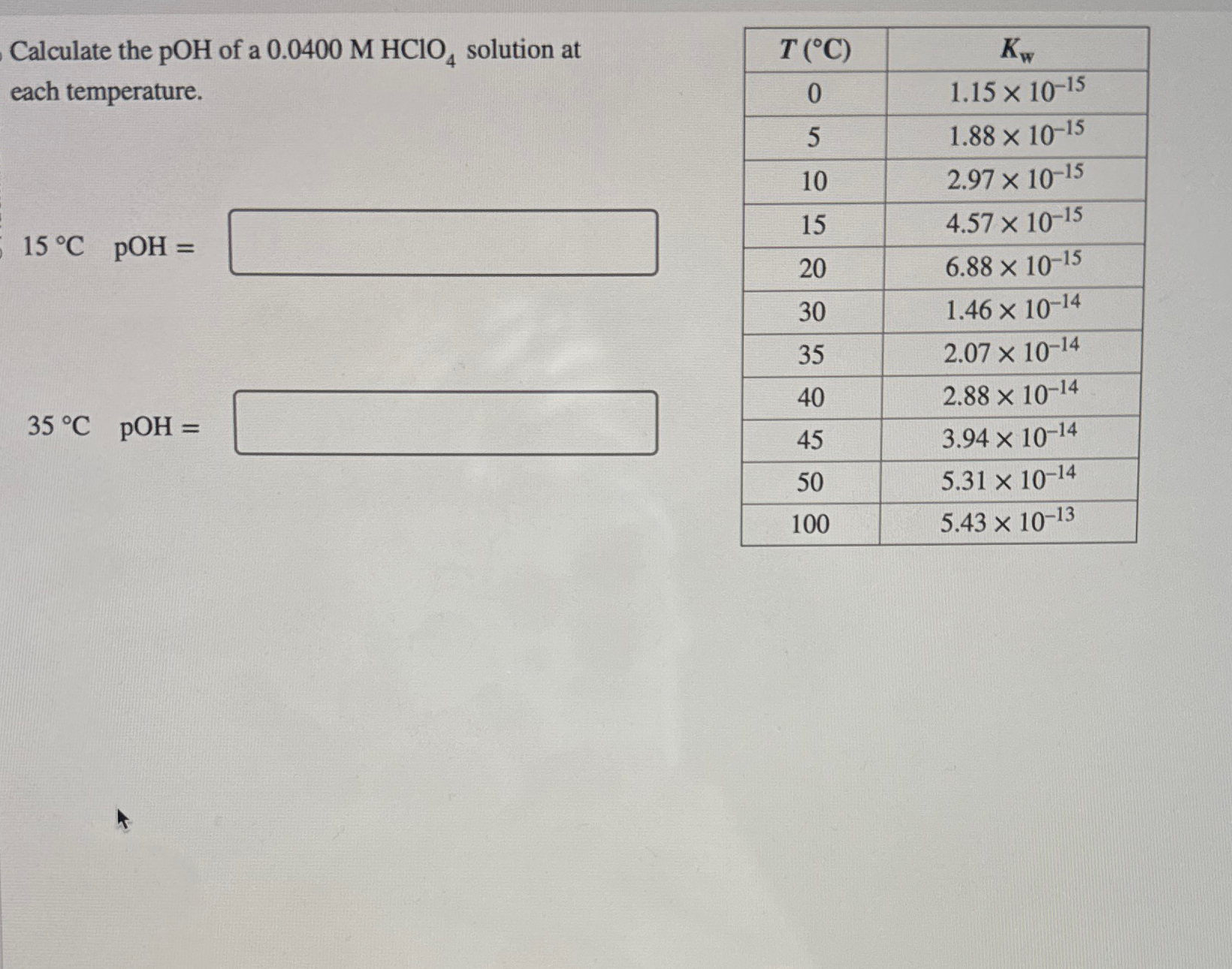 Solved Calculate the pOH of a 0.0400MHClO4 ﻿solution at each | Chegg.com