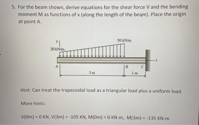 Solved 5. For the beam shown, derive equations for the shear | Chegg.com