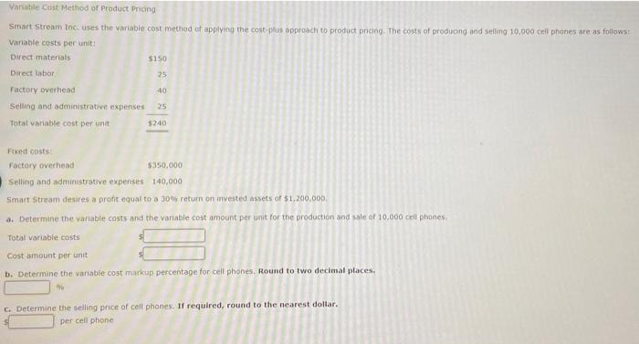 Solved Qsinitie Cost Method of Product Pricing Smart Stream | Chegg.com