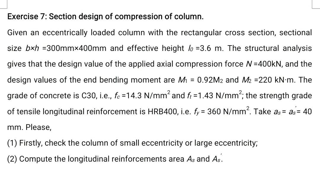 Solved Exercise 7: Section design of compression of column. | Chegg.com