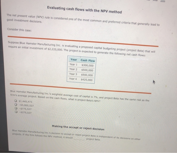 Solved Evaluating cash flows with the NPV method The net | Chegg.com