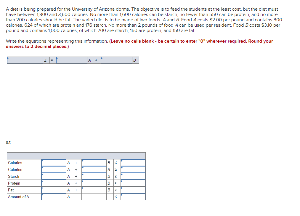 Solved A diet is being prepared for the University of | Chegg.com