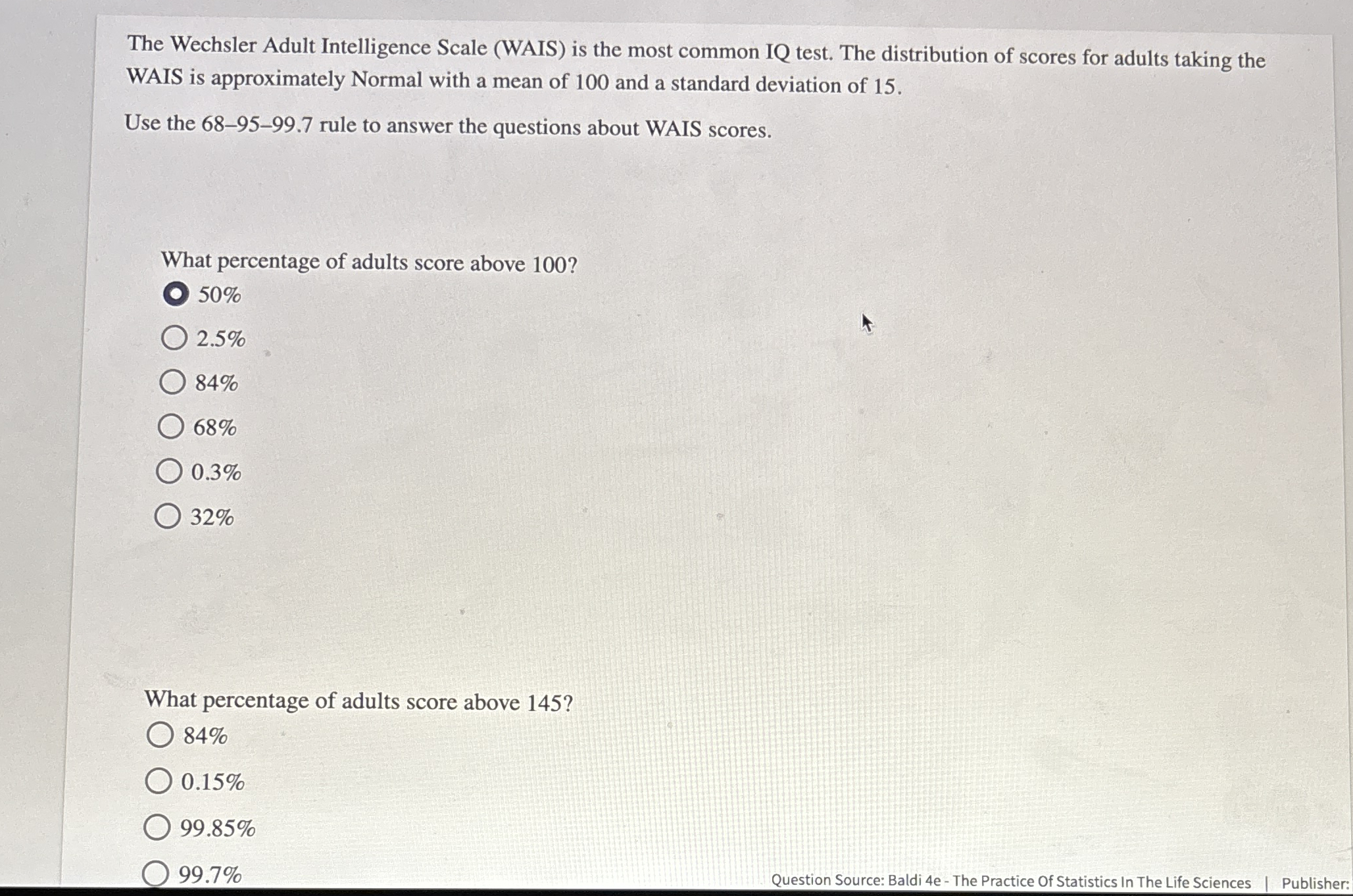 Solved The Wechsler Adult Intelligence Scale (WAIS) ﻿is the | Chegg.com