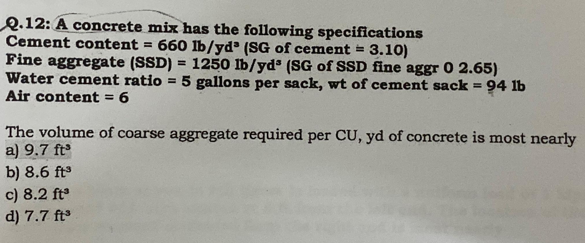 Solved Q.12: A concrete mix has the following specifications | Chegg.com Solved Q.12: A concrete mix has the following specifications | Chegg.com
