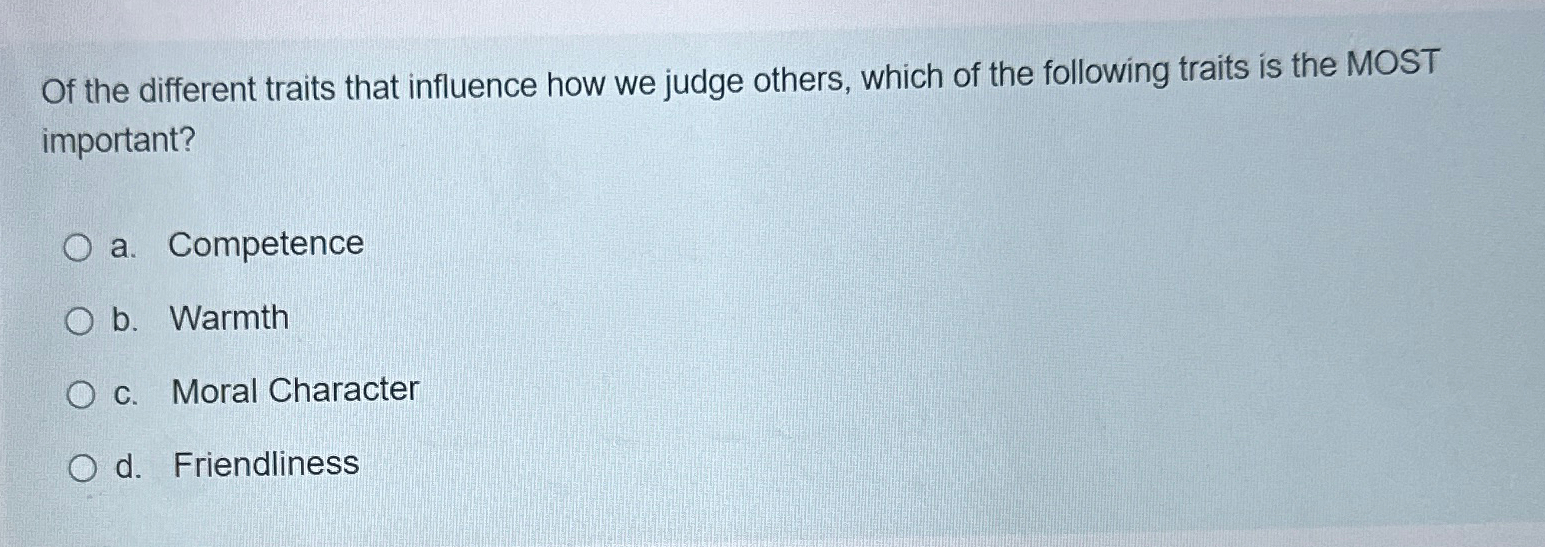 Solved Of the different traits that influence how we judge | Chegg.com