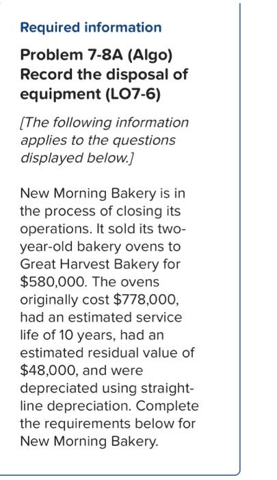 Solved Required information Problem 7-8A (Algo) Record the | Chegg.com