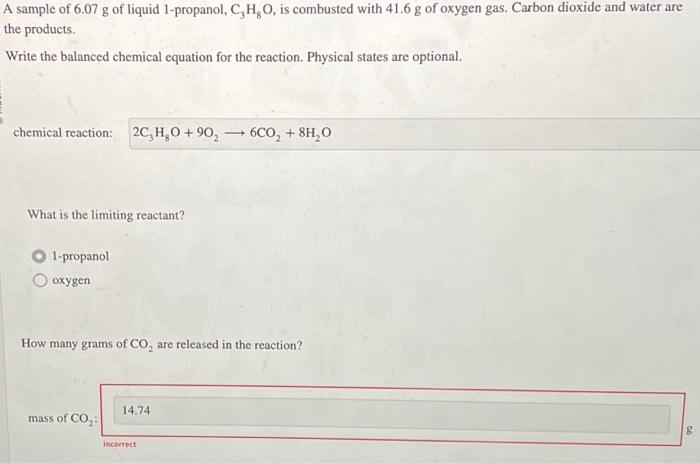 Solved A sample of 6.07 g of liquid 1-propanol, C3H8O, is | Chegg.com