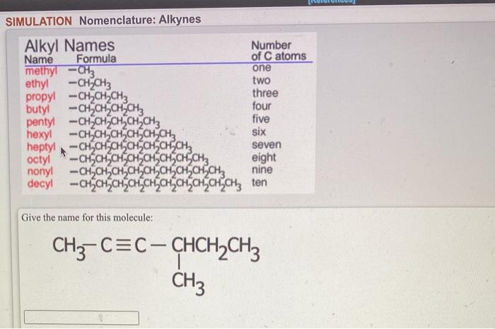 Solved SIMULATION Nomenclature: Alkynes Alkyl Names Number | Chegg.com