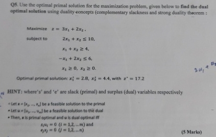 Solved Q5. ﻿Use the optimal primal solution for the | Chegg.com