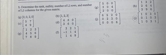 Solved 1. Determine the rank, nullity, number of LI rows, | Chegg.com
