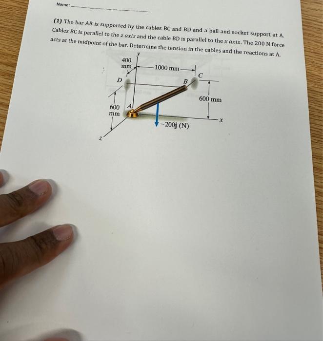 Solved (1) The bar AB is supported by the cables BC and BD | Chegg.com