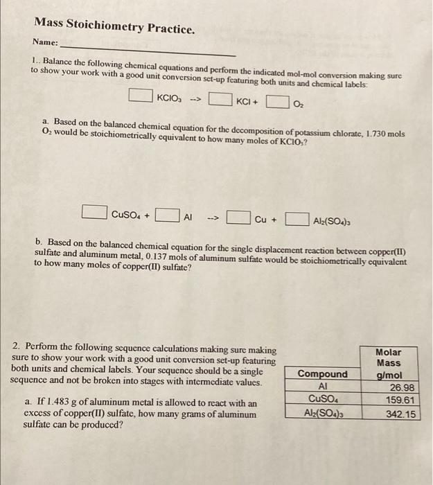 Solved Mass Stoichiometry Practice. Name: 1. Balance the | Chegg.com