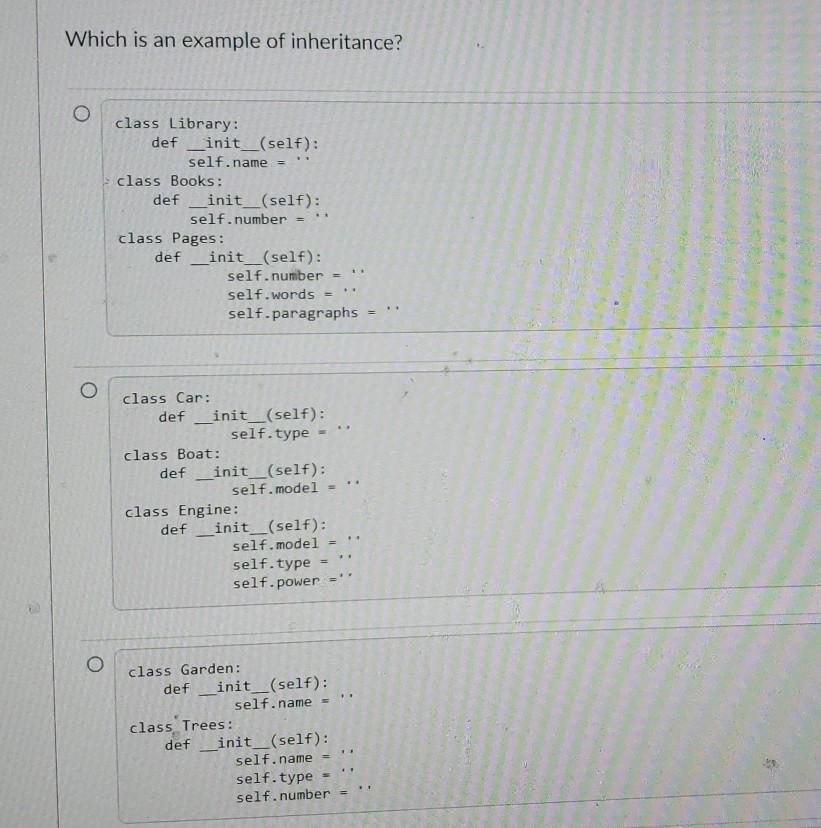 Solved Which is an example of inheritance? O class Library: | Chegg.com