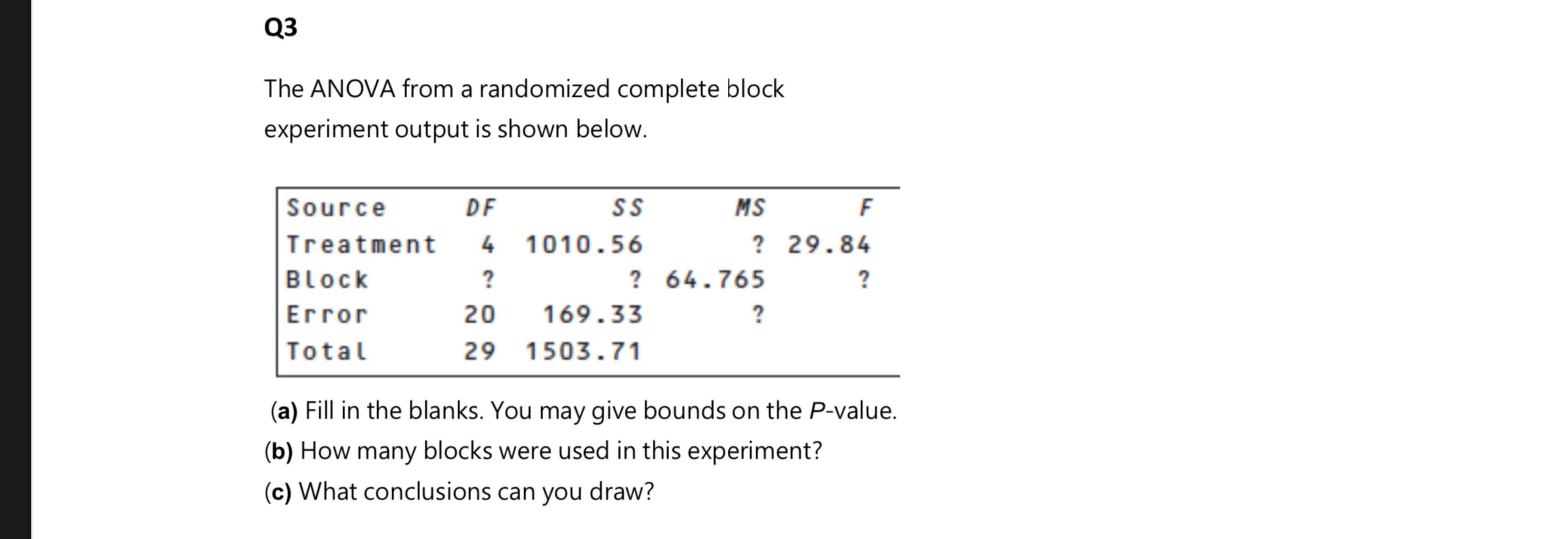 Solved Q3The ANOVA from a randomized complete block | Chegg.com