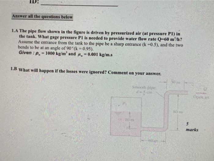 Solved ID: Answer all the questions below 1.A The pipe flow | Chegg.com