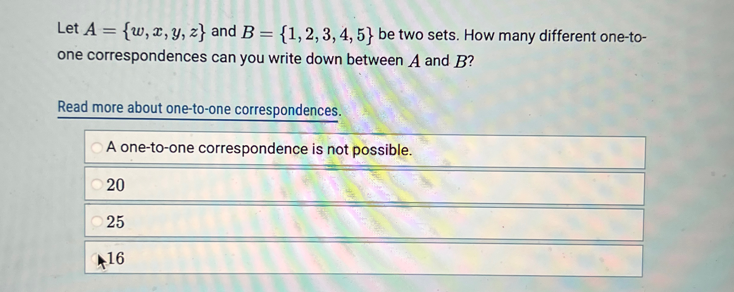 Solved Let A={w,x,y,z} ﻿and B={1,2,3,4,5} ﻿be two sets. How | Chegg.com
