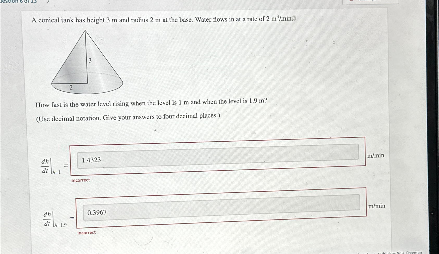 Solved A conical tank has height 3m ﻿and radius 2m ﻿at the | Chegg.com
