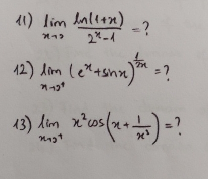 Solved limx→0ln(1+x)2x-1= ?limx→3+(ex+sinx)12x= ?limx→0+x2co | Chegg.com