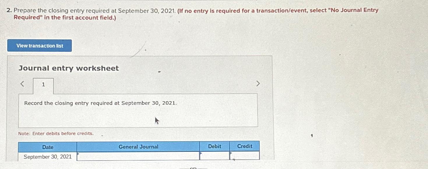 Solved Prepare the closing entry required at September 30, | Chegg.com