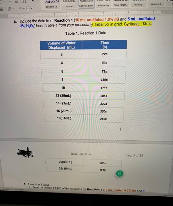 b. Include the data from Reaction 1(10 mL undiluted | Chegg.com