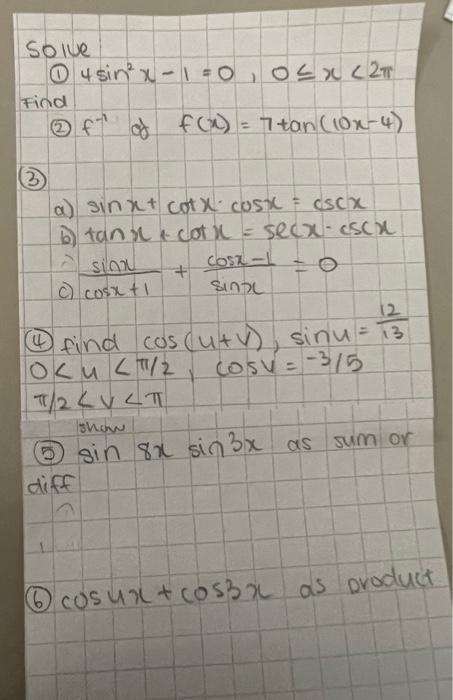 Solved solve (1) 4sin2x−1=0,0⩽x