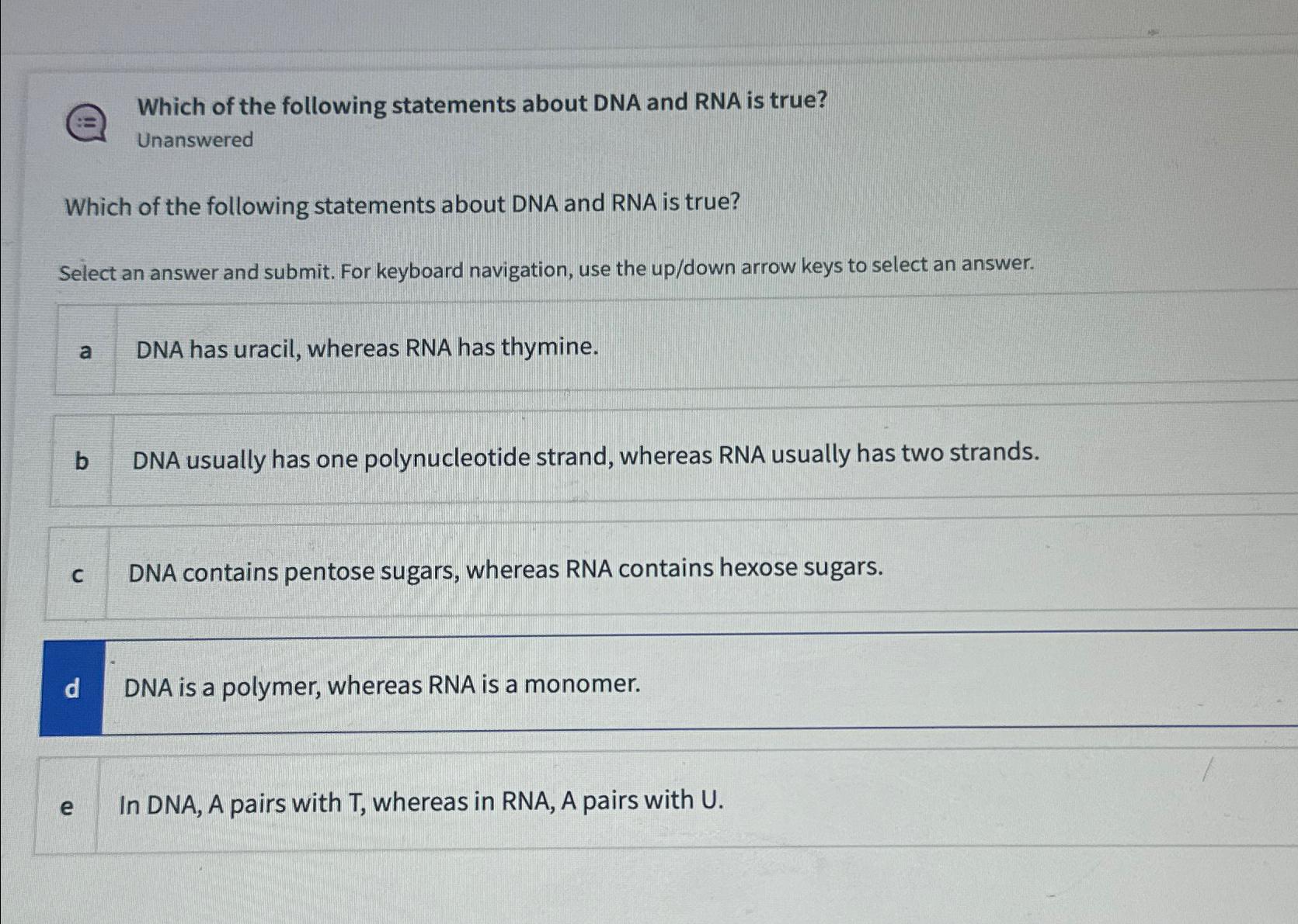 Solved Which of the following statements about DNA and RNA | Chegg.com
