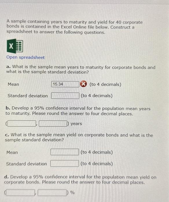 Solved A sample containing years to maturity and yield for | Chegg.com