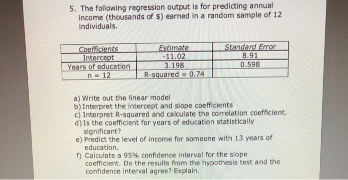 Solved 5. The following regression output is for predicting | Chegg.com