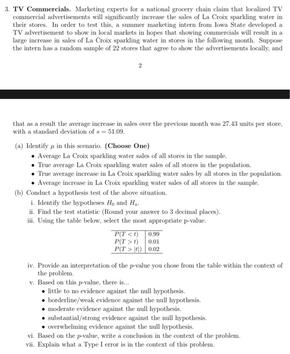 Solved 3. TV Commercials. Marketing experts for a national | Chegg.com