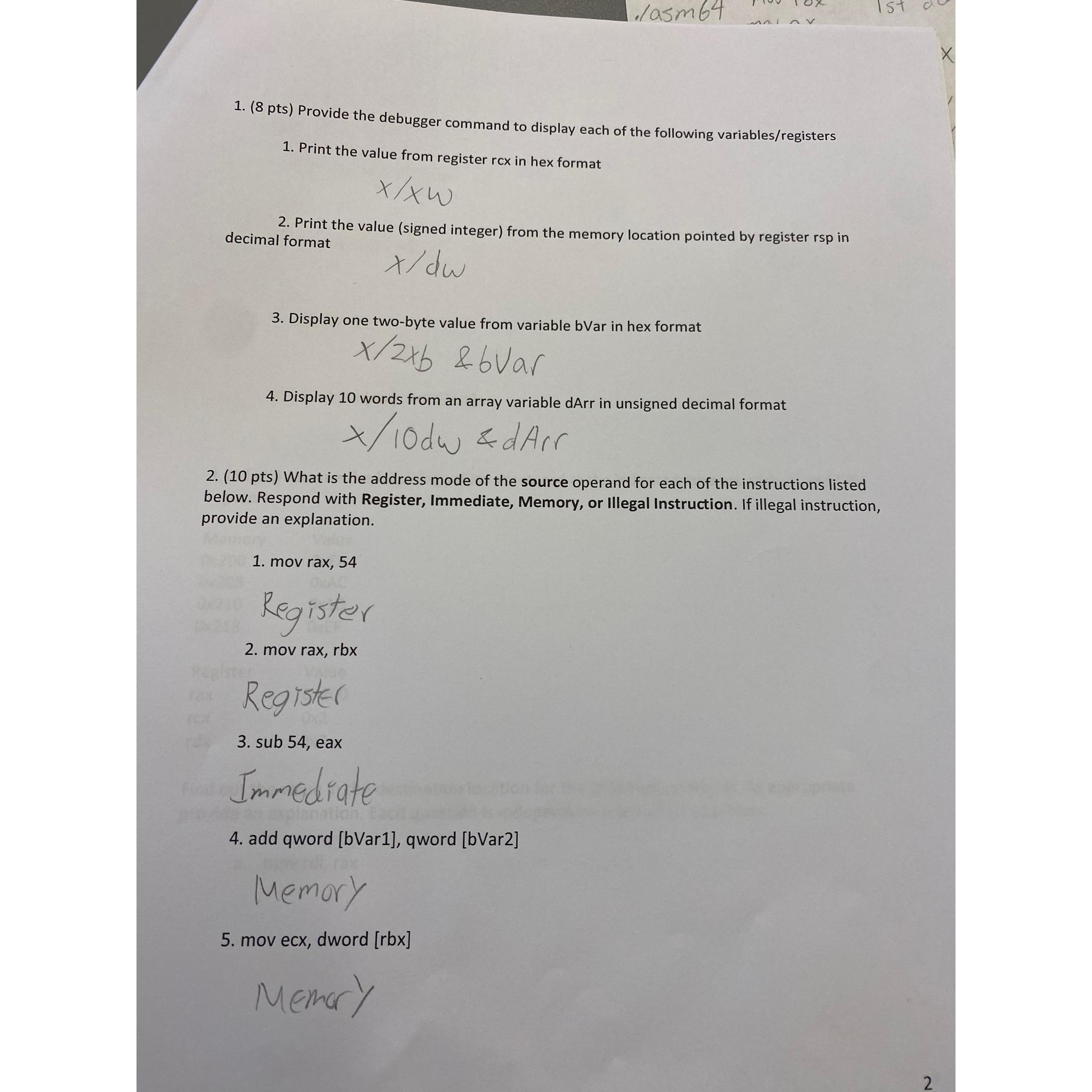 Solved (8 ﻿pts) ﻿Provide the debugger command to display | Chegg.com